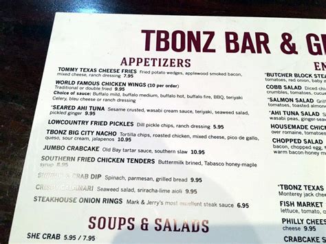 Menu At Tbonz Gill And Grill Steakhouse Myrtle Beach Seaboard St