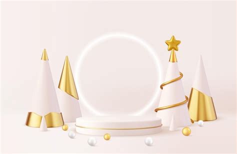 3d 크리스마스 디자인 금색 금속 콘 나선 나무 포디움과 함께 크리스마스 축하와 새해 축하 제품 디스플레이 프레젠테이션 3d