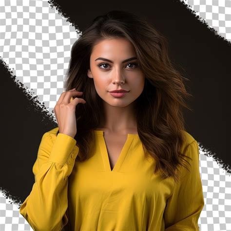 Premium Psd A Woman In A Yellow Shirt Stands In Front Of A Black And