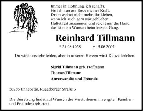 Traueranzeigen Von Reinhard Tillmann Trauer In NRW De