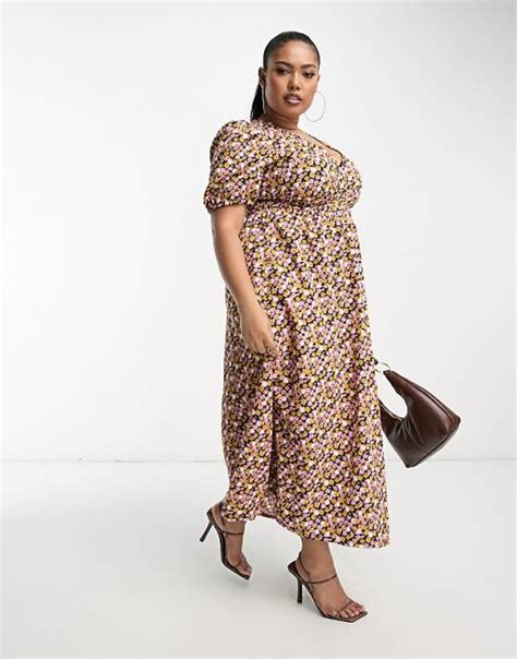 Asos Design Curve Shirred Waist Midi Tea Dress With Volume Sleeve In