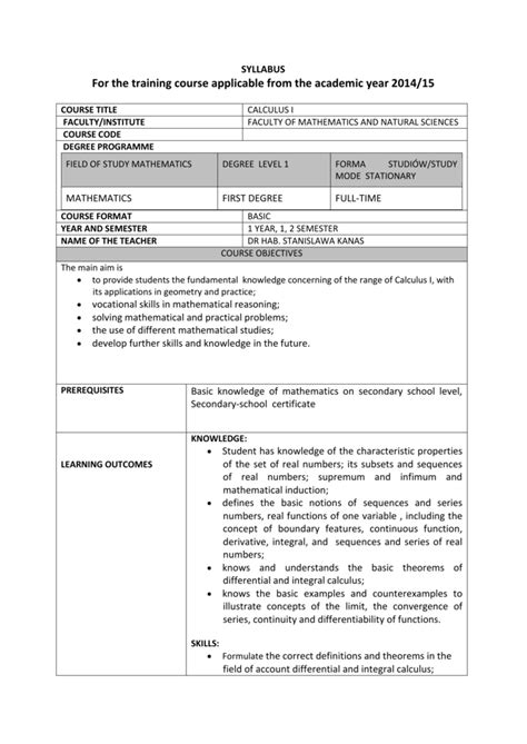 SYLLABUS For The Training Course Applicable From The Academic