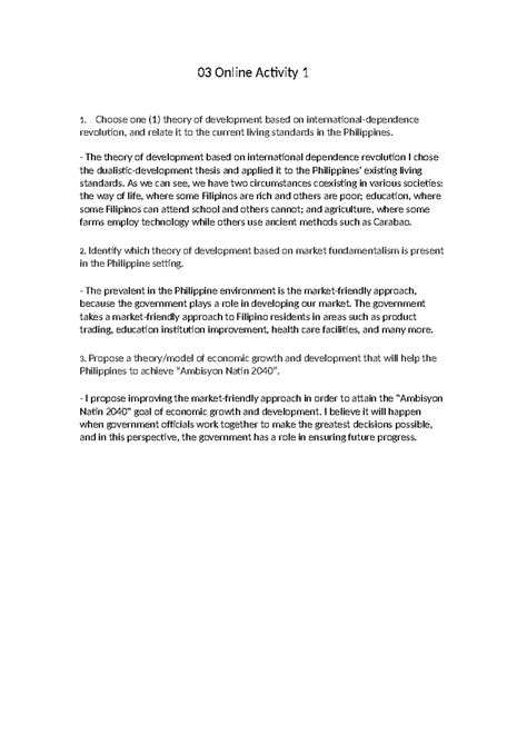Econ Dev 03 Activity 1 03 Online Activity 1 1 Choose One 1 Theory Of Development Based On