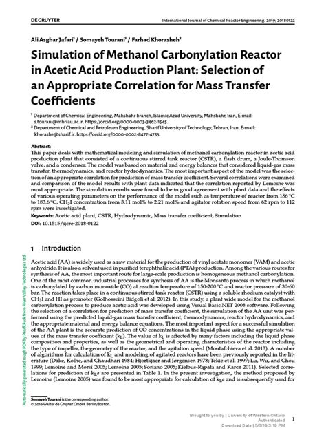 Simulation Of Methanol Carbonylation Reactor In Acetic Acid Production