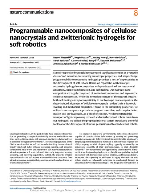 Pdf Programmable Nanocomposites Of Cellulose Nanocrystals And Zwitterionic Hydrogels For Soft