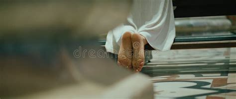 Barefoot Pilgrim Woman Praying In Cathedral Church Confession Of Sins