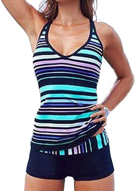 Ericcay Damen Oversize Streifen Printing Badeanzug Tief Bademode Print