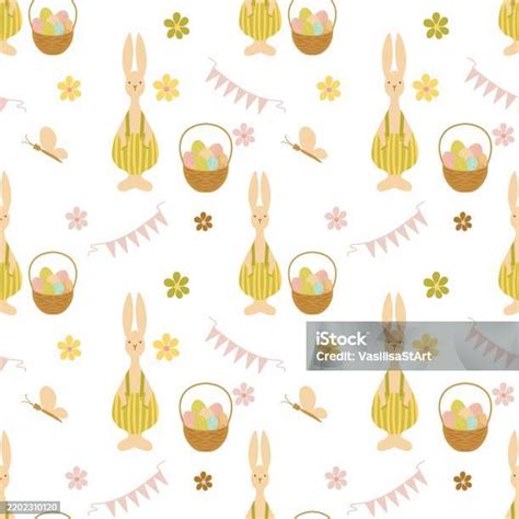 부활절 토끼와 색칠 된 달걀 바구니와 멧새 배너 아이들 디자인 훈장 카드를 위한 손으로 당겨진 이음새가 없는 패턴 0명에 대한 스톡 벡터 아트 및 기타 이미지 Istock