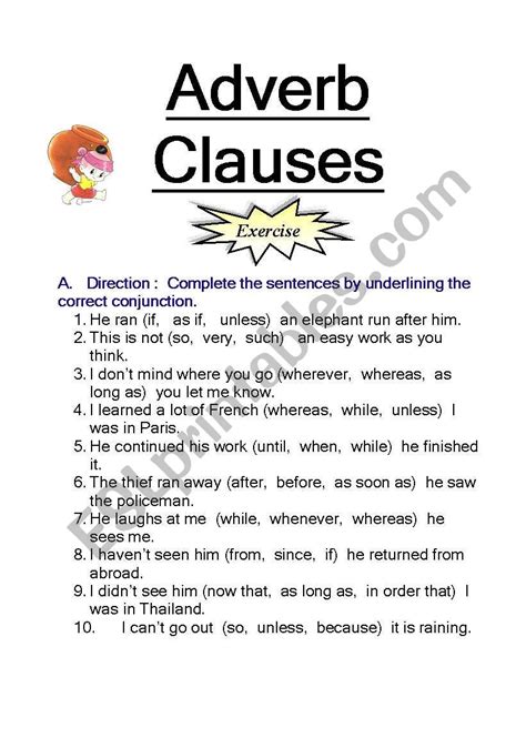 English Worksheets Adverb Clauses