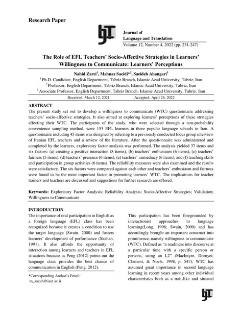 pdf the role of efl teachers socio affective strategies in learners