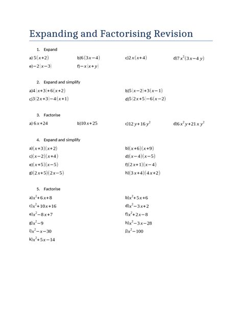 Expanding And Factorising Revision 1 Pdf