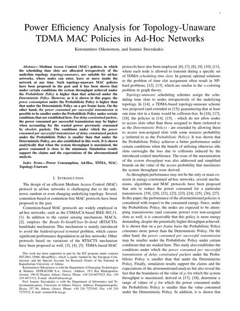 Pdf Power Efficiency Analysis For Topology Unaware Tdma Mac Policies In Ad Hoc Networks