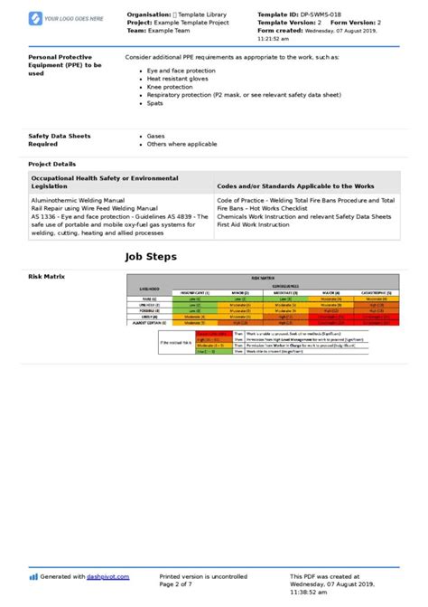 Welding Safe Work Method Statement Welding Swms