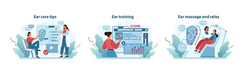 Auditory Health Practices Set Detailed Vector Illustrations Showing