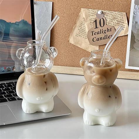 320ml 곰돌이 유리컵 카페 특이한컵 커피잔 빨대 세트 까또디자인