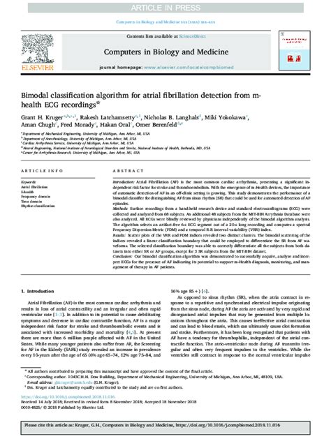 Pdf Bimodal Classification Algorithm For Atrial Fibrillation Detection From M Health Ecg