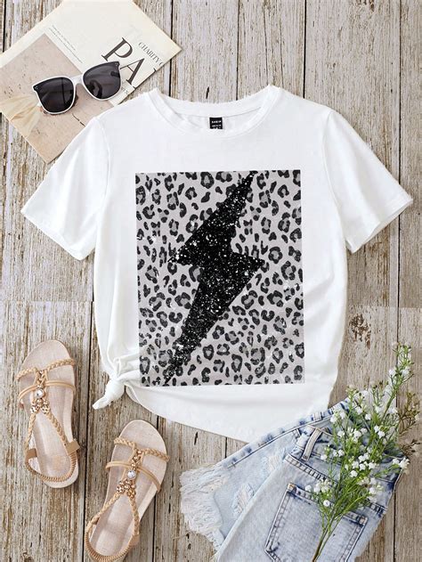 Shein Lune Lightning And Leopard Print Tee Shein Usa