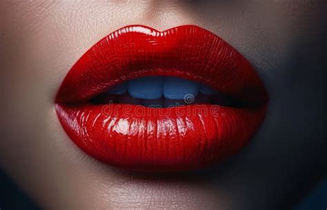 Beautiful Woman Lips With Perfect Red Matte Lipstick On Dark Background