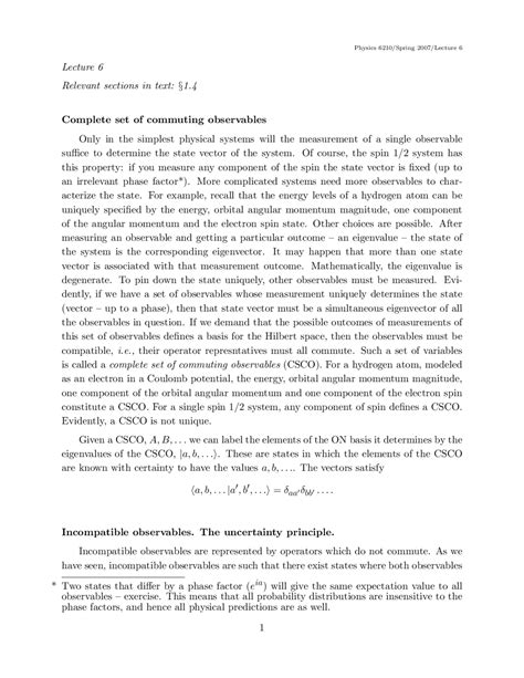 Complete Set Of Commuting Observables Lecture Notes Phys 6210 Docsity