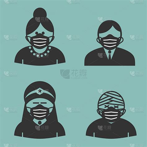 图标人物戴着外科口罩套预防Covid 19病毒传播和流感预防冠状病毒社交距离