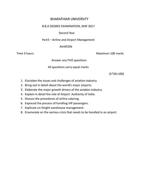 Aviation BHARATHIAR UNIVERSITY B B DEGREE EXAMINATION MAY 2017 Second Year Part3 Airline