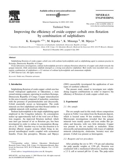 Improving The E Ciency Of Oxide Copper Cobalt Ores Otation By