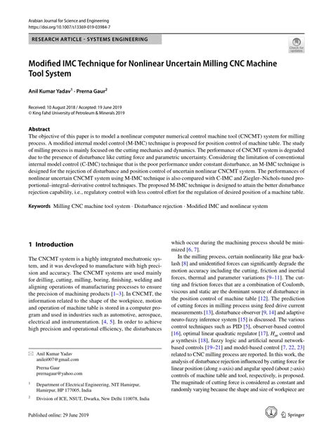 Pdf Modified Imc Technique For Nonlinear Uncertain Milling Cnc Machine Tool System