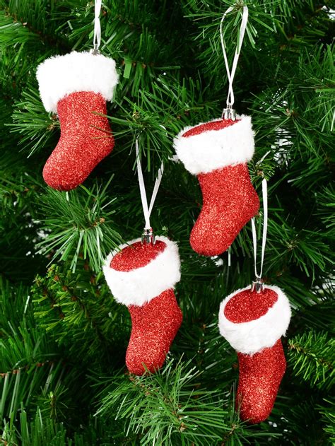 Red Glitter With White Cuff Christmas Stocking Hanging Decoration 4 X