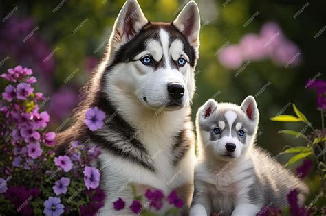 귀여운 시베리안 허스키 강아지와 그 엄마의 여름 사진 프리미엄 사진