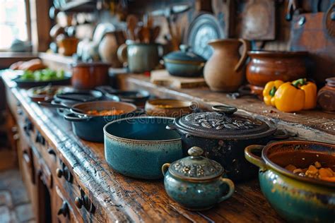 Old Rustic Kitchen With Pots And Pans Ai Generative Stock Illustration