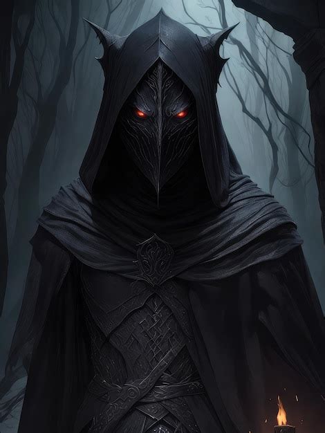 Ilustración de un hombre misterioso en una capa negra con penetrantes