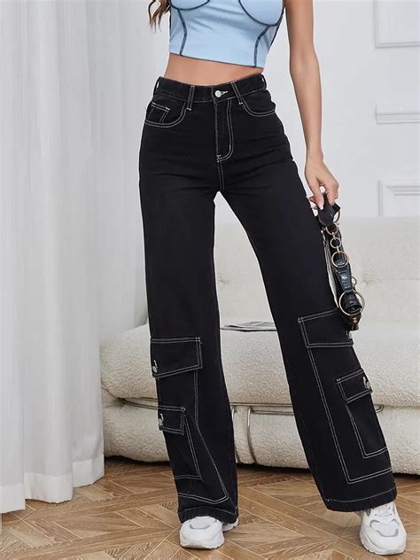 Black Flap Pockets Cargo Pants Loose Fit High Waist Straight Temu
