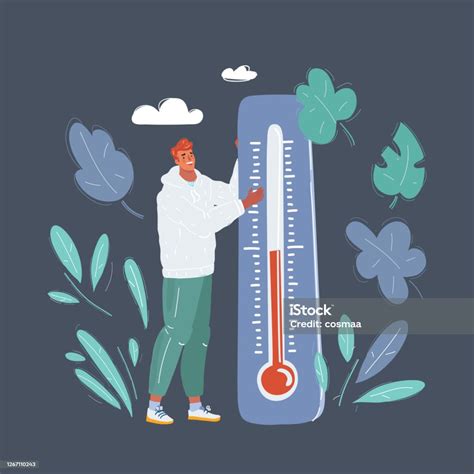 그 손에 큰 온도계를 가진 남자 그는 환경 온도를 측정합니다 개념에 대한 스톡 벡터 아트 및 기타 이미지 개념 계절 기진