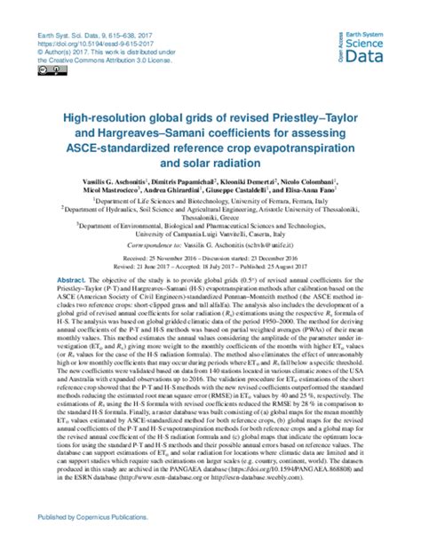 Pdf High Resolution Global Grids Of Revised Priestley Taylor And Hargreaves Samani