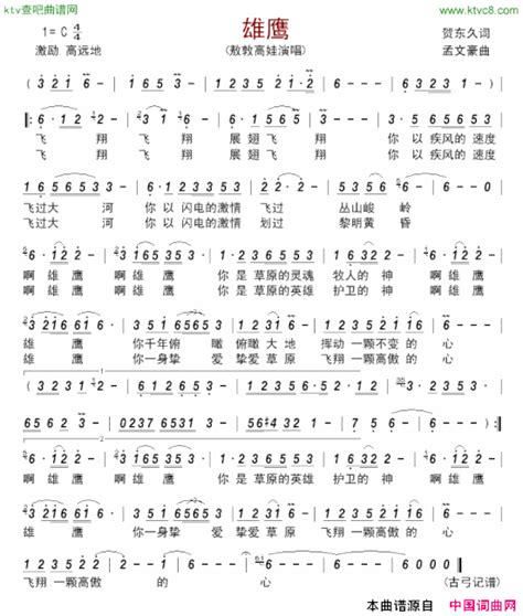 雄鹰简谱敖敦高娃贺东久孟文豪词曲 吉他弹唱
