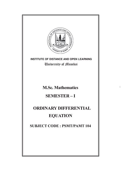 Mathematics Of Msc M Mathematics SEMESTER I ORDINARY DIFFERENTIAL