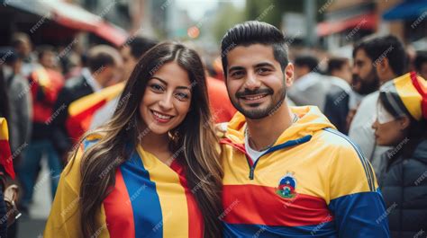 Premium Ai Image Happy Colombian Couple Wearing Colombian Flag Colors