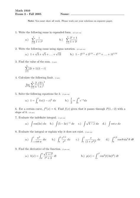 Practice Exam For Calculus I Fall 2005 Math 1910 Docsity