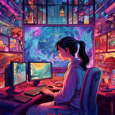 Premium Ai Image Anime Girl Sitting At A Desk With A Computer And A