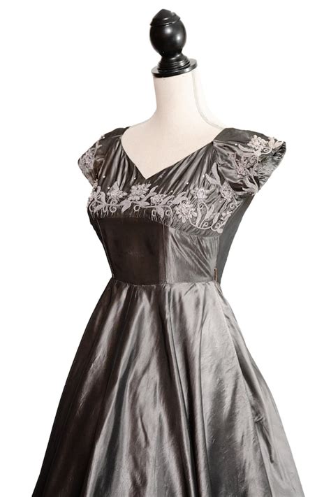 1950s Steel Grey Taffeta Fit And Flare Dress 50s Dr… Gem