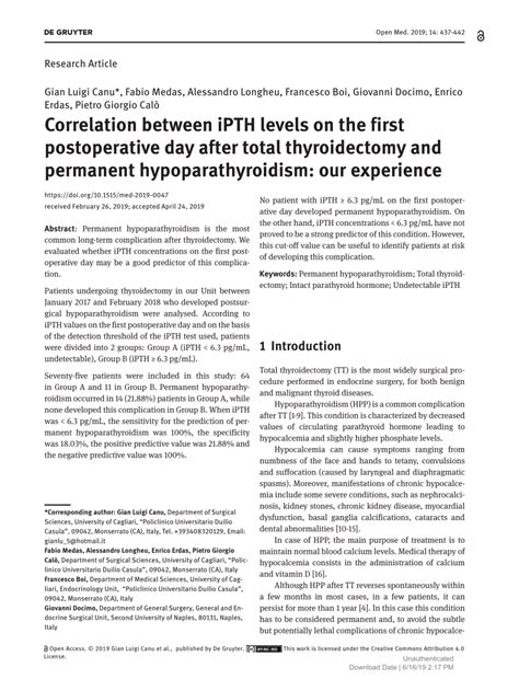 Pdf Correlation Between Ipth Levels On The First Postoperative Day