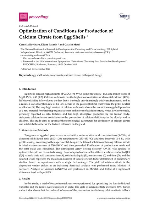 Pdf Optimization Of Conditions For Production Of Calcium Citrate From Egg Shells