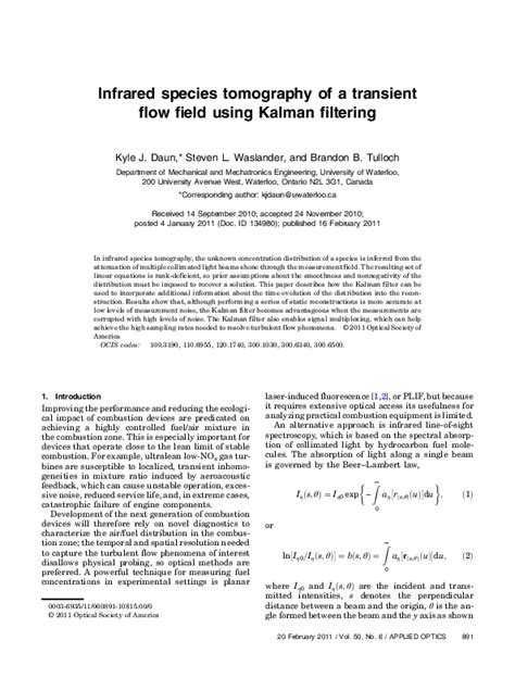Pdf Infrared Species Tomography Of A Transient Flow Field Using Kalman Filtering