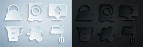 반죽에 롤링 핀 위치가있는 요리사 모자 측정 컵 전기 믹서 스토브 및 주전자 손잡이 아이콘을 설정합니다 벡터 3차원 형태에 대한 스톡 벡터 아트 및 기타 이미지 Istock