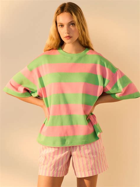 Buy Pink Green Stripe Oversized Relaxed Fit 100 Cotton Boxy