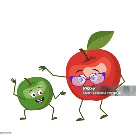 귀여운 사과 문자 재미 할머니와 손자 팔과 다리 재미 또는 행복 한 영웅 녹색과 빨간색 과일 0명에 대한 스톡 벡터 아트 및