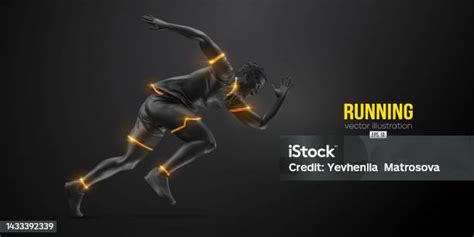 검은 배경에 달리기 선수의 추상적 인 실루엣 주자 남자는 스프린트 또는 마라톤을 달리고 있습니다 벡터 일러스트 레이 션 3차원 형태에 대한 스톡 벡터 아트 및 기타 이미지