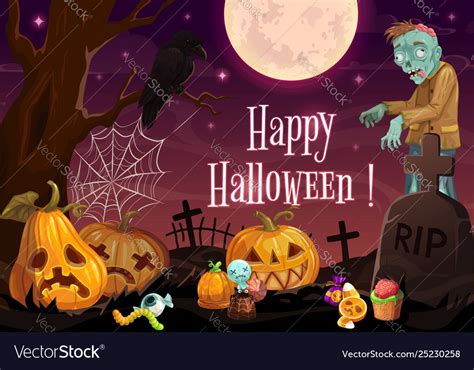 Halloween Horror Zombie And Pumpkins At Cemetery Vector Image