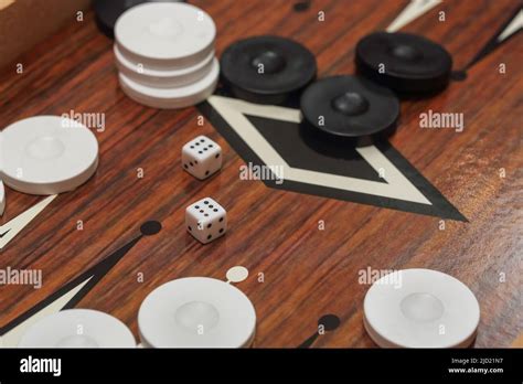 Backgammon Board With Pieces And Dice Closeup Stock Photo Alamy
