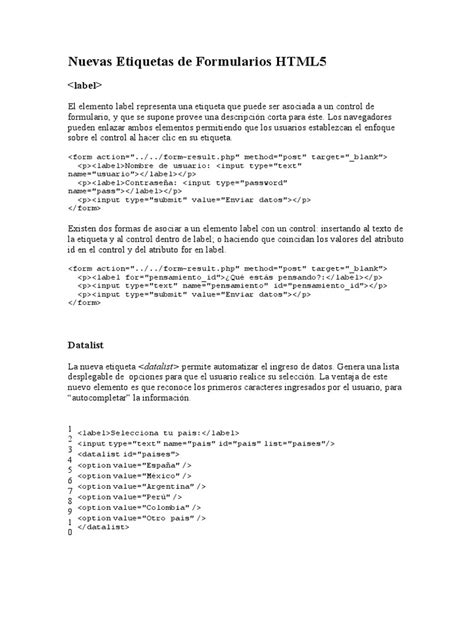 Etiquetas De Formularios Html5 Pdf Ingeniería Informática Edad De Información
